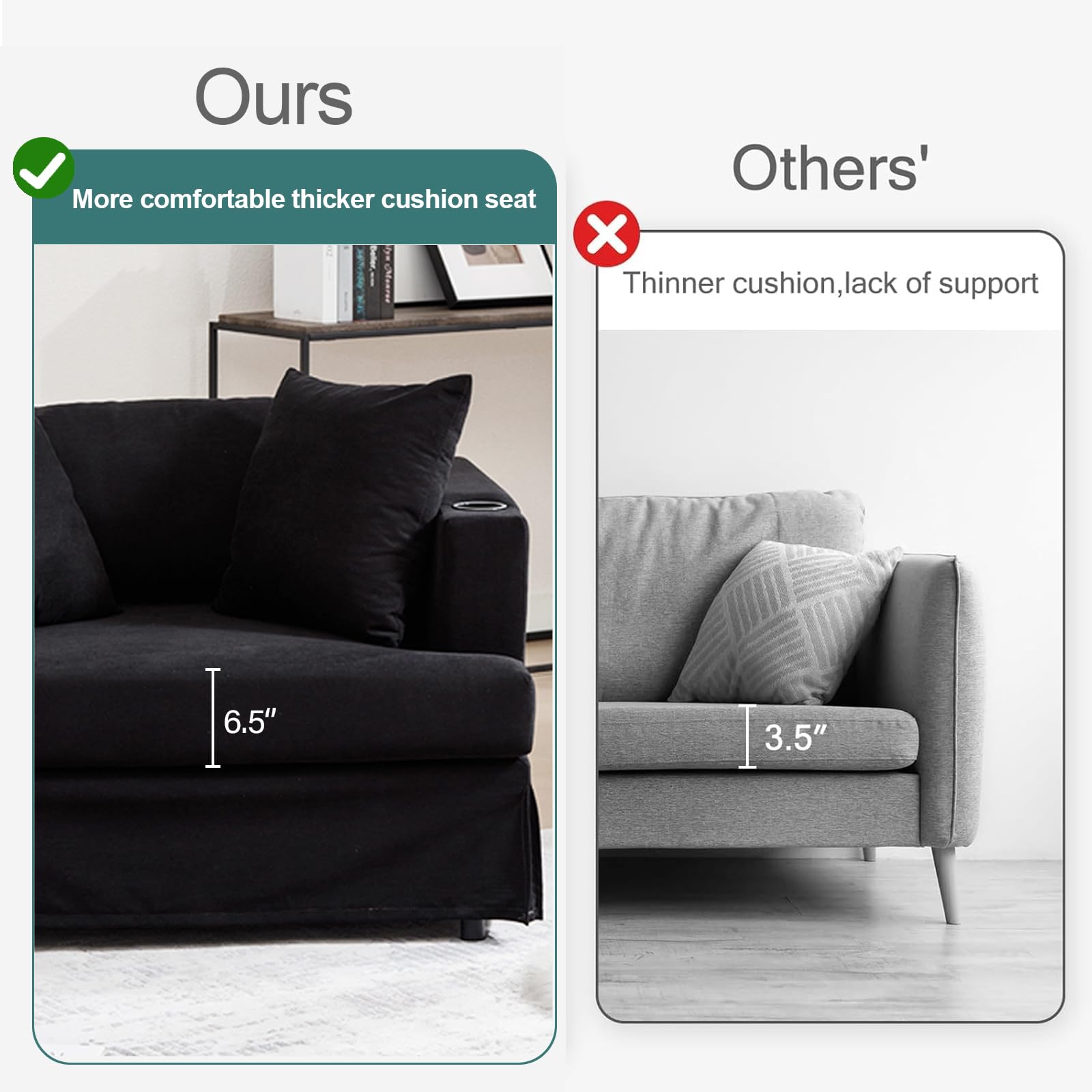 ASAHREE 47'' Mid Century Oversized Reading Armchair, Corduroy 2 Seater Upholstered Sofa Loveseat with 2 Cup Holder, Comfy Modern Accent Chair for Bedroom, Living Room, Black