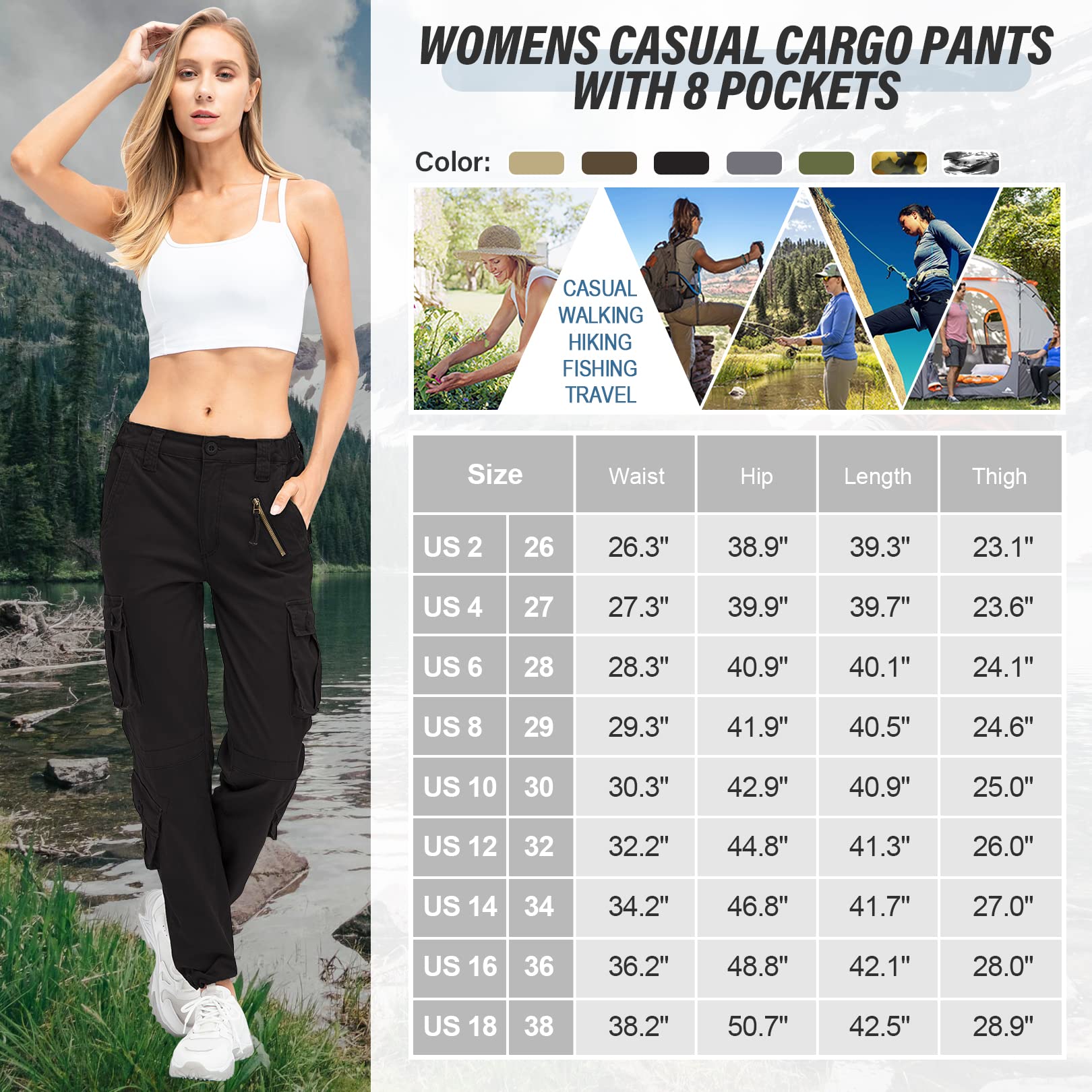 Alfiudad Womens Cargo Pants with Pockets, Women's Casual Military Army Hiking Combat Tactical Work Pants Trousers,Black,27(US 4)