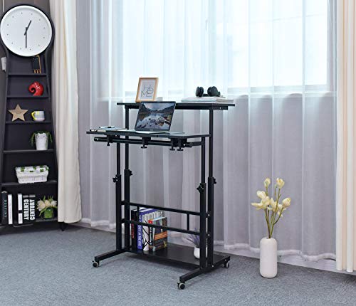 AIZ Mobile Standing Desk, Adjustable Computer Desk Rolling Laptop Desk Cart on Wheels Home Office Computer Workstation, Portable Laptop Stand Tall Table for Standing or Sitting, Black Willow