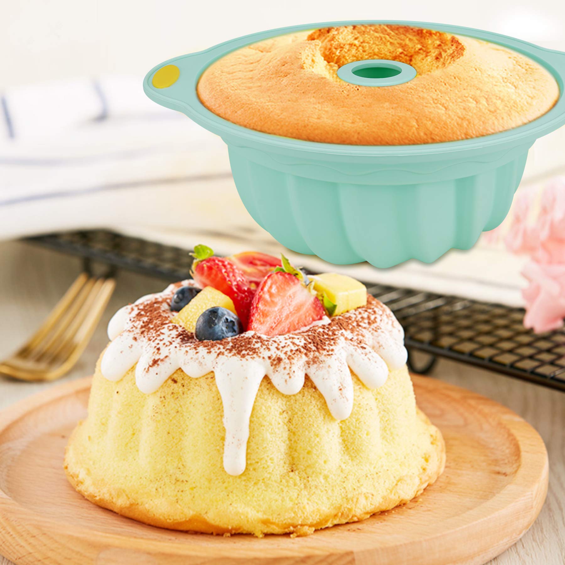 Aschef Steel Reinforced Frame Nonstick Silicone Bundt Cake Pan Baking Mold w/Baking Mat Set-BPA Free, Dishwasher & Microwave Safe
