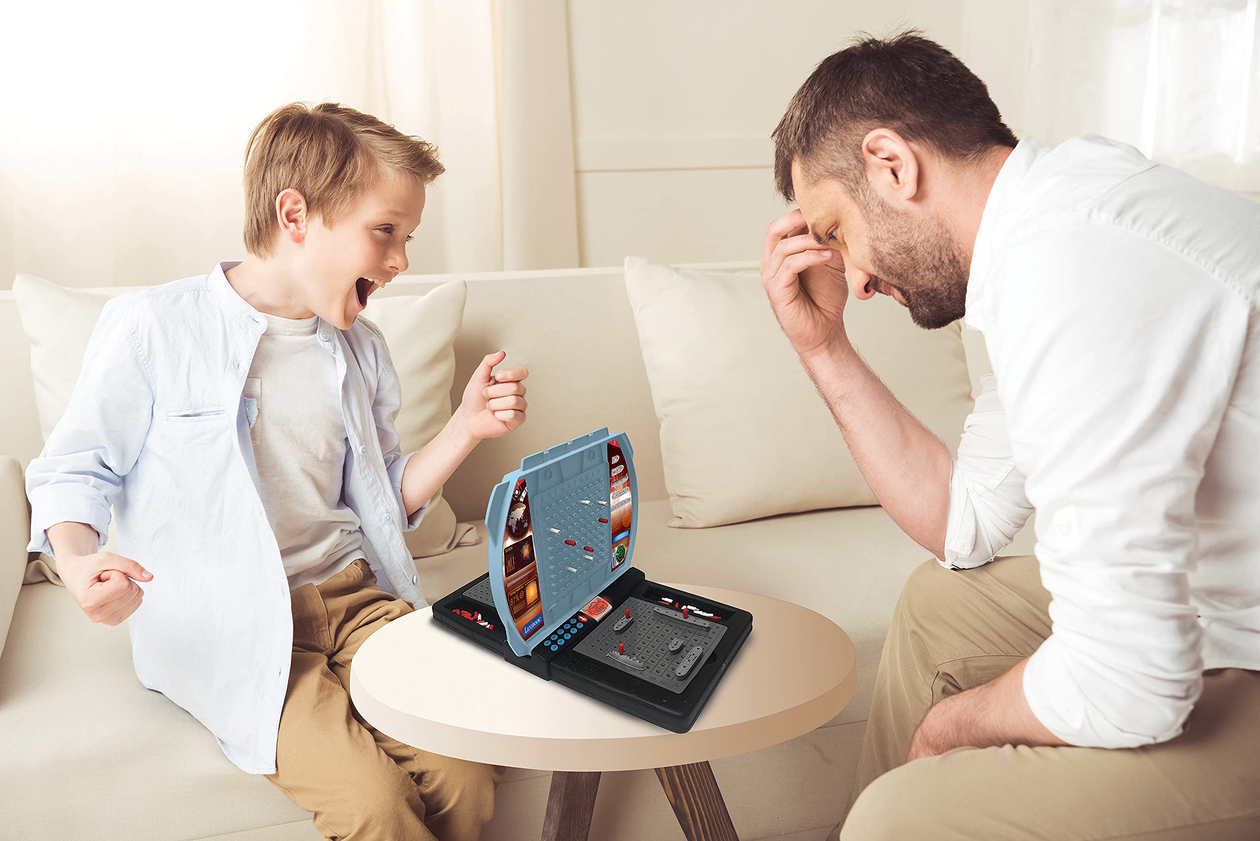 LEXIBOOK Talking Sea Battle (French, English, Spanish, Portuguese), Electronic Board Game 1 or 2 Players, Interactive, Light and Sound Effects, Strategy, Battery Operated, Grey/Black, GT2800US