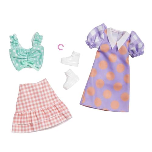 Barbie Fashions 2-Pack, 2 Outfits & 2 Accessories: Polka Dot Blouse & Gingham Skirt, Polka Dot Dress with Collar, Bracelet & Boots, Kids 3 to 8 Years Old