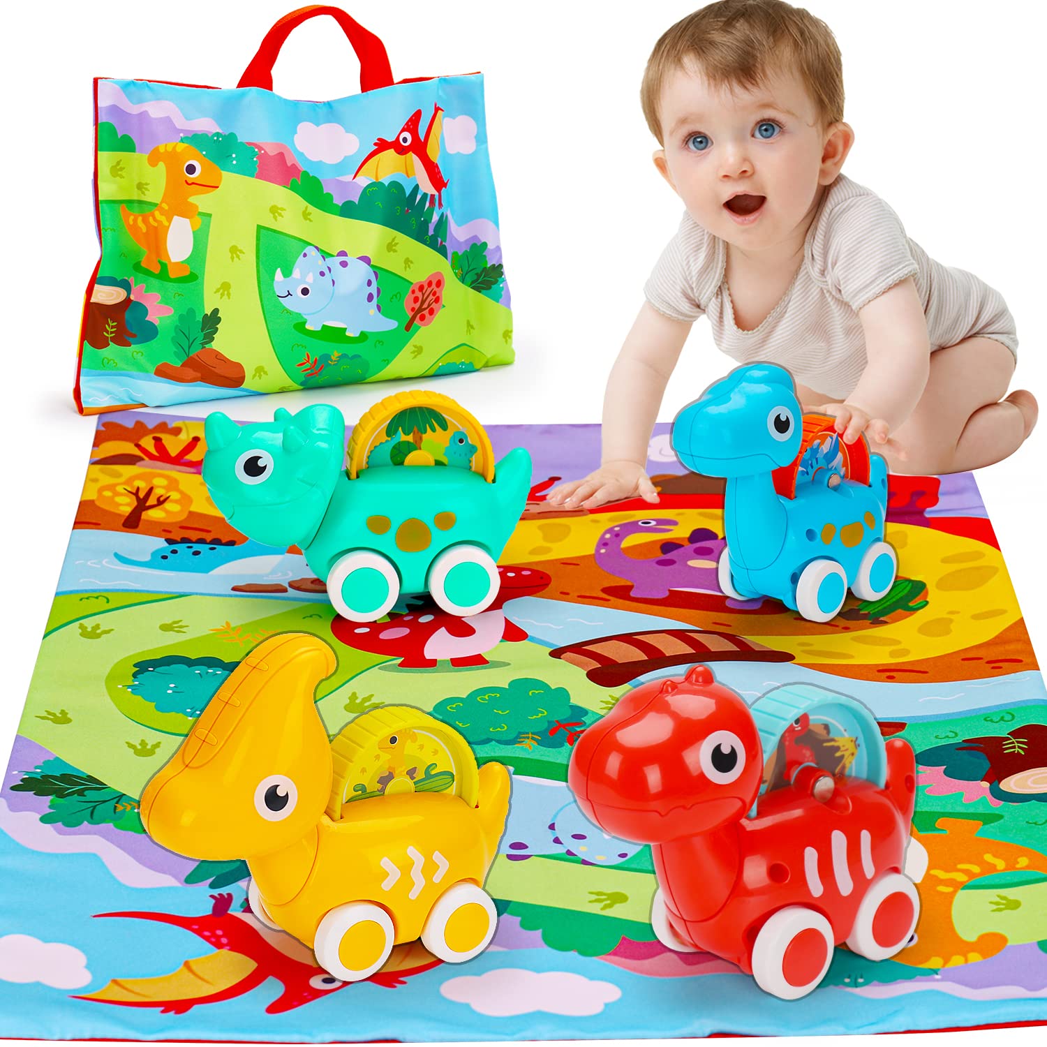 Dinosaur Cars Toys for 1 Year Old Boys Girls 4 Vehicle with Play Mat/Storage Bag Early Educational Infant Toys 6 9 Month Baby Toys 12-18 Month Birthday Gift for One Year Old Boy Toddler Toys Age 1-2