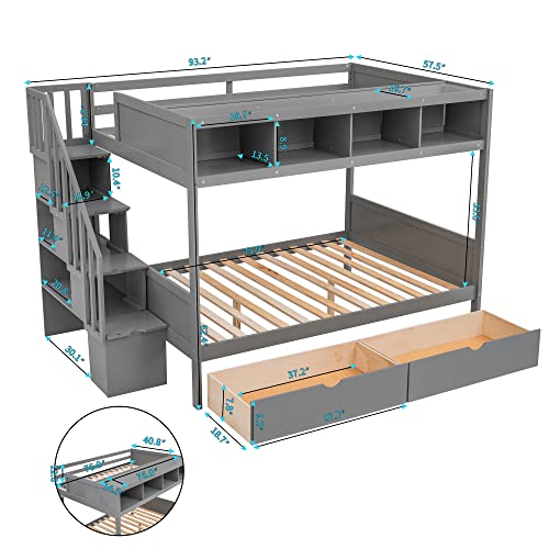 BIADNBZ Stairway Twin Over Full Bunk Bed with Stairs Storage, 2 Drawers and Shelf, Wooden Bunkbed for Kids Teens Adults Bedroom, Gray