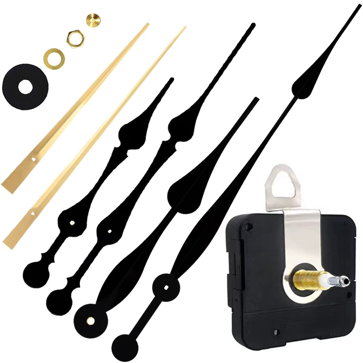 HILLHOME High Torque Long Shaft Hands Quartz DIY Wall Clock Movement Mechanism with 12 Inch Long Spade Hand Battery Operated Repair Parts Replacement, 3/10 in Max Dial Thickness, 9/10 in Total Length