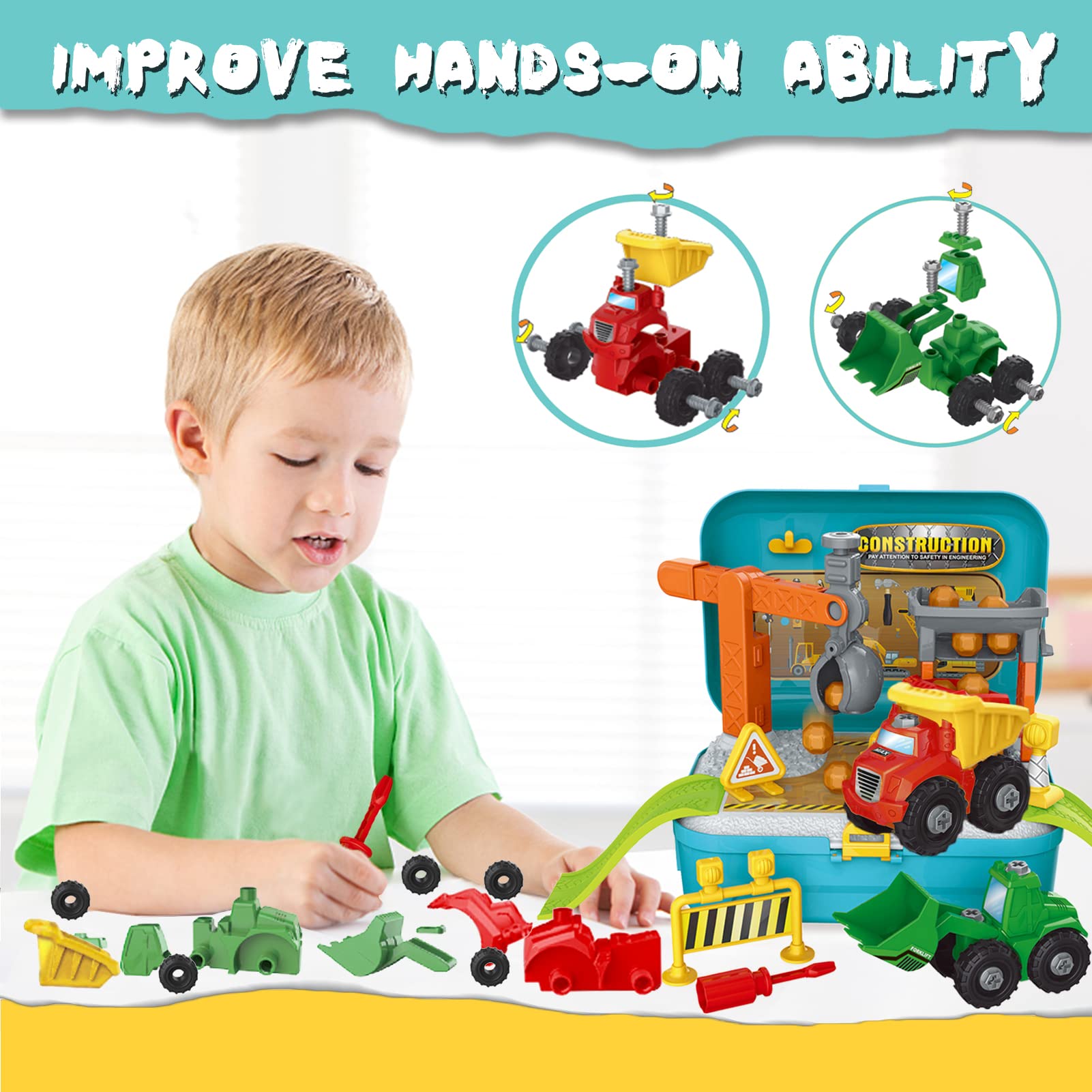 KAEGREEL Construction Vehicles Toys for Boys, 60PCS Take Apart Trucks Engineering Building Excavator Crane DumpToy Set with Backpack, STEM Birthday Gifts for Kids Aged 3 4 5 6 8 Year Old Toddlers