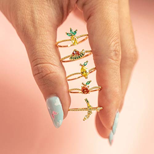 Aloecye Cute Fruit Basket Ring Set 14K Gold Plated CZ Stackable Tropical Fruit Cherry Pineapple Peach Band Ring Gift for Women Girls