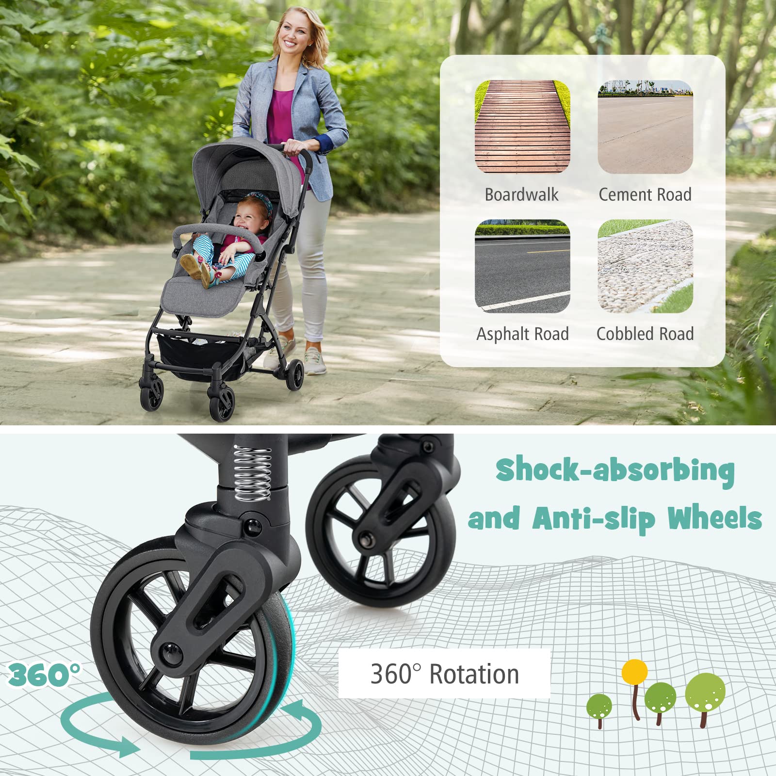 BABY JOY Lightweight Baby Stroller, Compact Travel Stroller for Airplane, Easy One-Hand Fold, High Landscape Infant Toddler Stroller with Adjustable Canopy/Backrest/Footrest, Storage Basket (Gray)