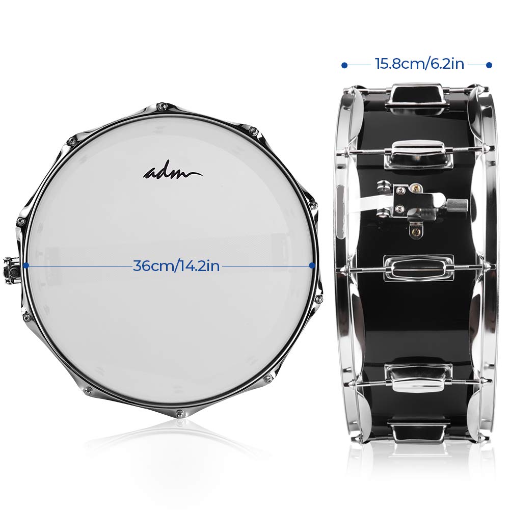 ADM 14"X 5.5" Snare Drum Set, Kids Student Snare Drum Beginner Kit with Stand, Drum Mute Pad, Strap, Drum Sticks, Drum Keys, Black