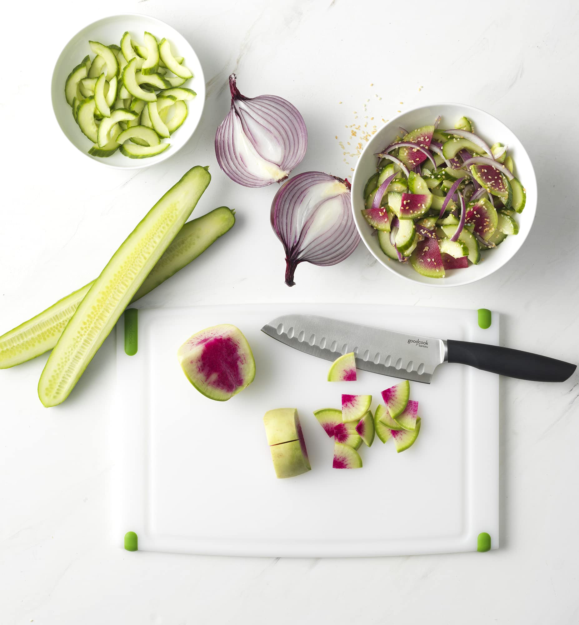 GoodCook Touch 7-Inch Santoku Knife, High Carbon Steel, Non-Slip Comfort Grip, Dimpled Knife Blade for Easy Slicing, Small Kitchen Knife for Mincing and Dicing, Durable and Sharp Knife