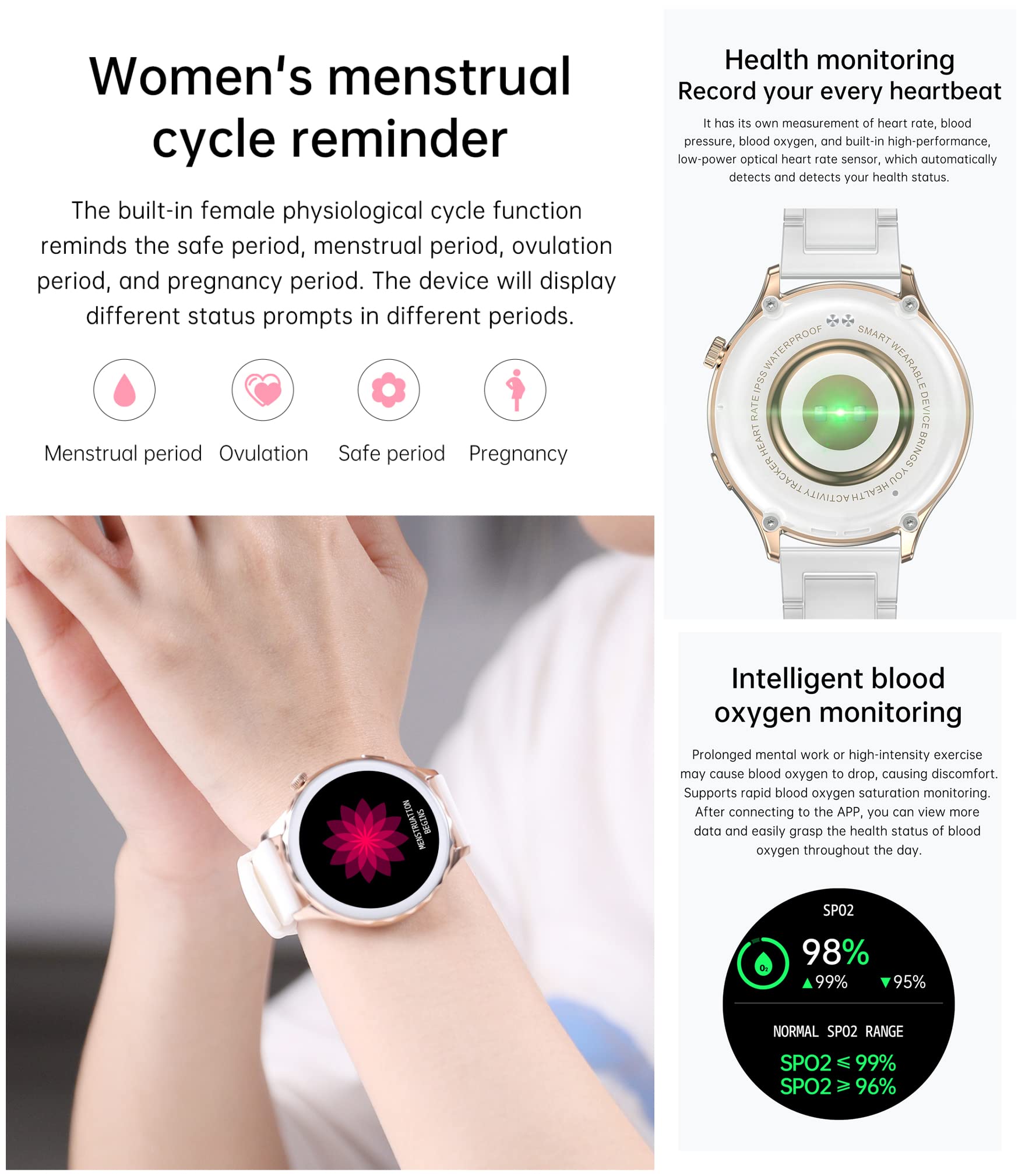 Aliwisdom Smart Watch for Women, 1.32" Round HD Screen Smartwatch waterproof Fitness Tracker Sport Watch Ceramic strap White for iPhone Android with Bluetooth Phone Call and Text Messaging (Rose Gold)