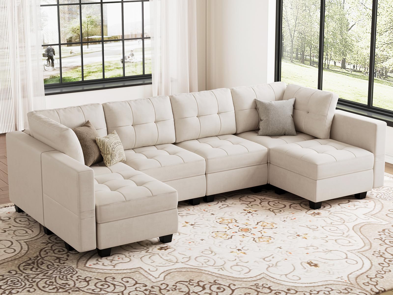 Belffin Modular U Shaped Sectional Sofa Couch, Oversized Sectional Sleeper Sofa with Stoarge Seat, Velvet Modular Sofa Set with Chaise and Ottoman for Living Room, Beige