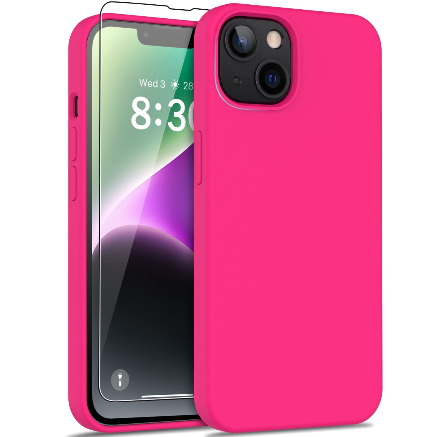 DEENAKIN Compatible with iPhone 14 Case with Screen Protector,Soft Flexible Silicone Rubber Cover for Women Girls for Women Girls,Slim Fit Shockproof Protective Phone Case 6.1" Hot Pink