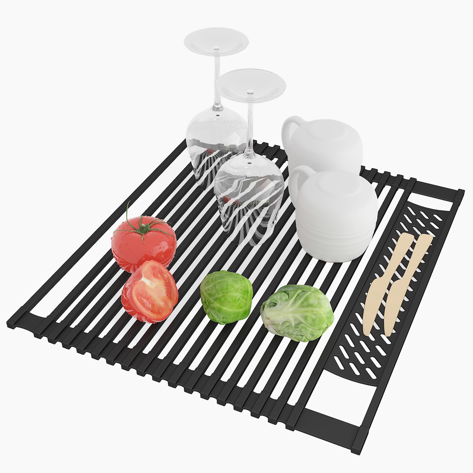 Arausk 16.7" x 14.5" Roll up Dish Drying Rack Silicone Coated Portable Dish Rack Dish Drainer Foldable Stainless Steel Over Sink Kitchen Drainer Rack for Cups Vegetables (XL)