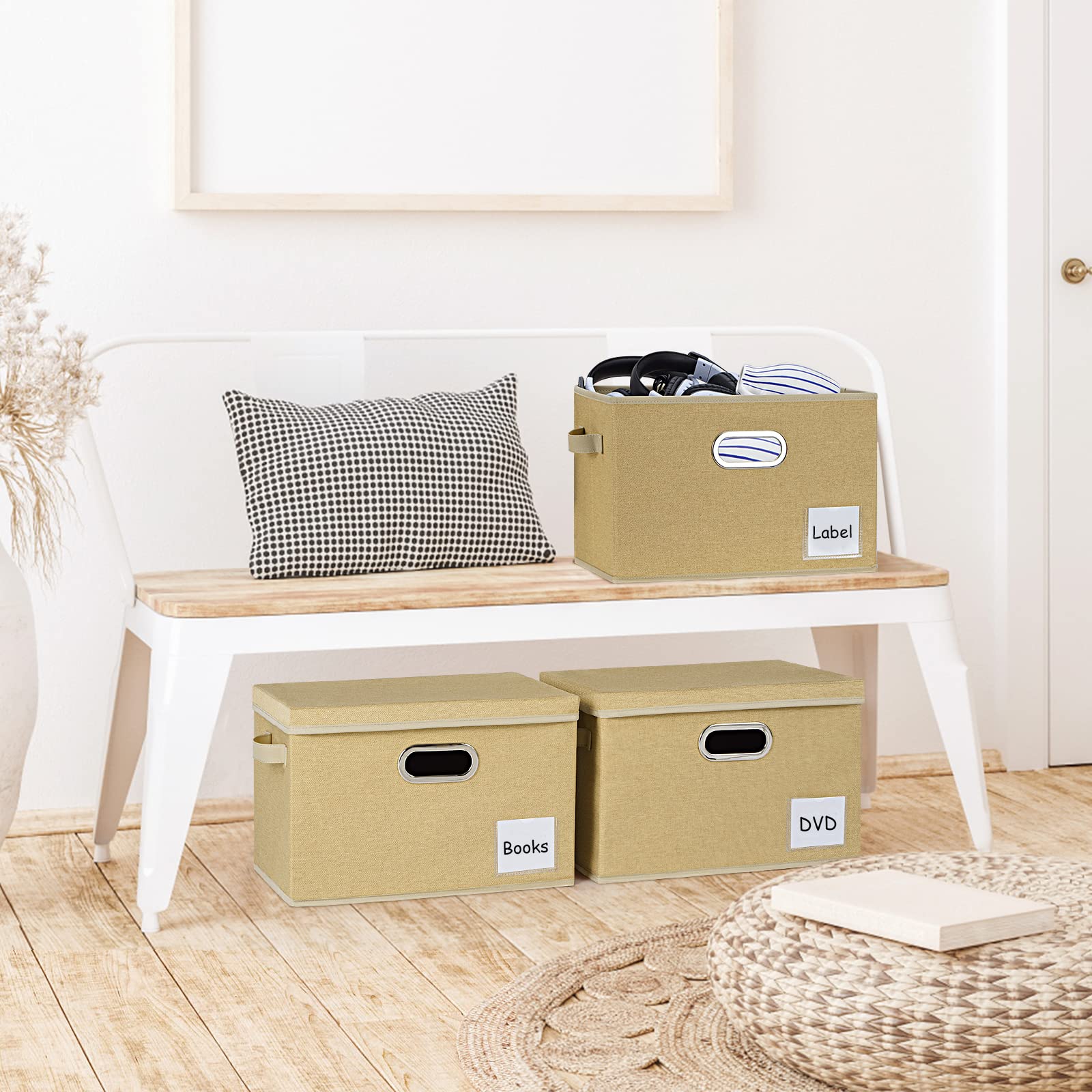 LHZK Large Storage Bins with Lids 6 Pack, Foldable Linen Fabric Storage Boxes with Lids, Sturdy Fabric Storage Bins with Label & 3 Handles for Shelves Bedroom Home Office (Beige, Large)