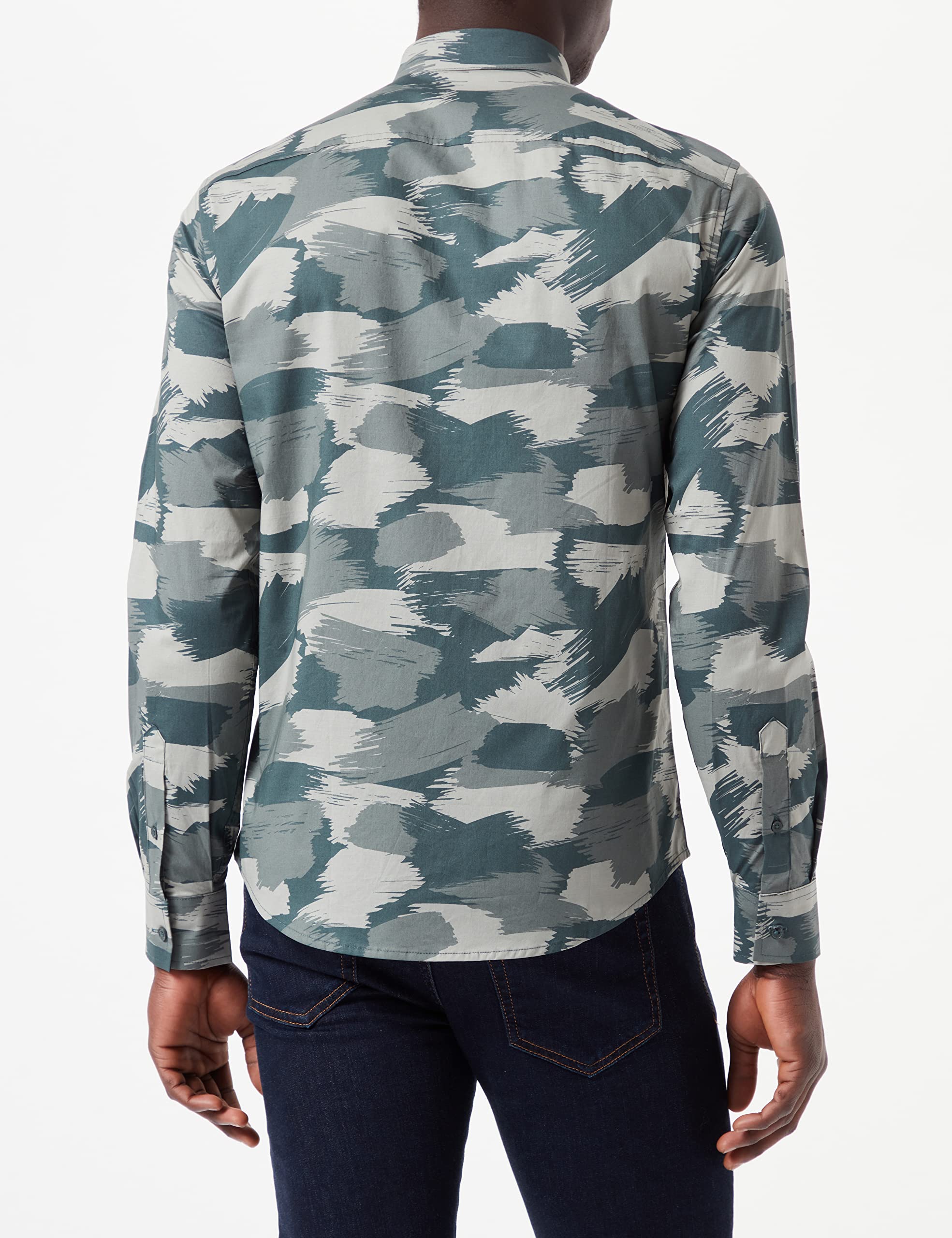 A | X ARMANI EXCHANGE Men's Printed Woven Long Sleeve Button Up Shirt, Navy Blazer Stripe/Square, XS
