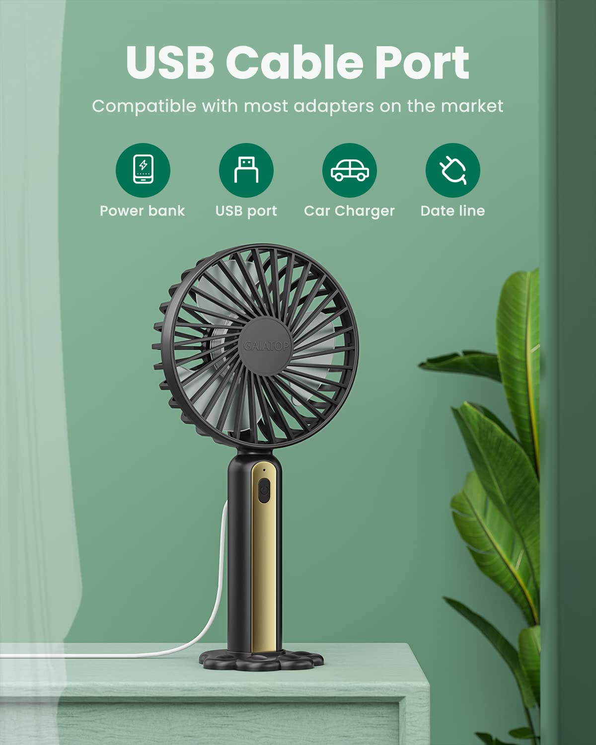GAIATOP Handheld Fan with USB Rechargeable Personal Fan,3 Speed Adjustable Portable Fan for Travel, Commute, Picnic, Office-Black, Small Makeup Eyelash Fan for Women Girls Gift