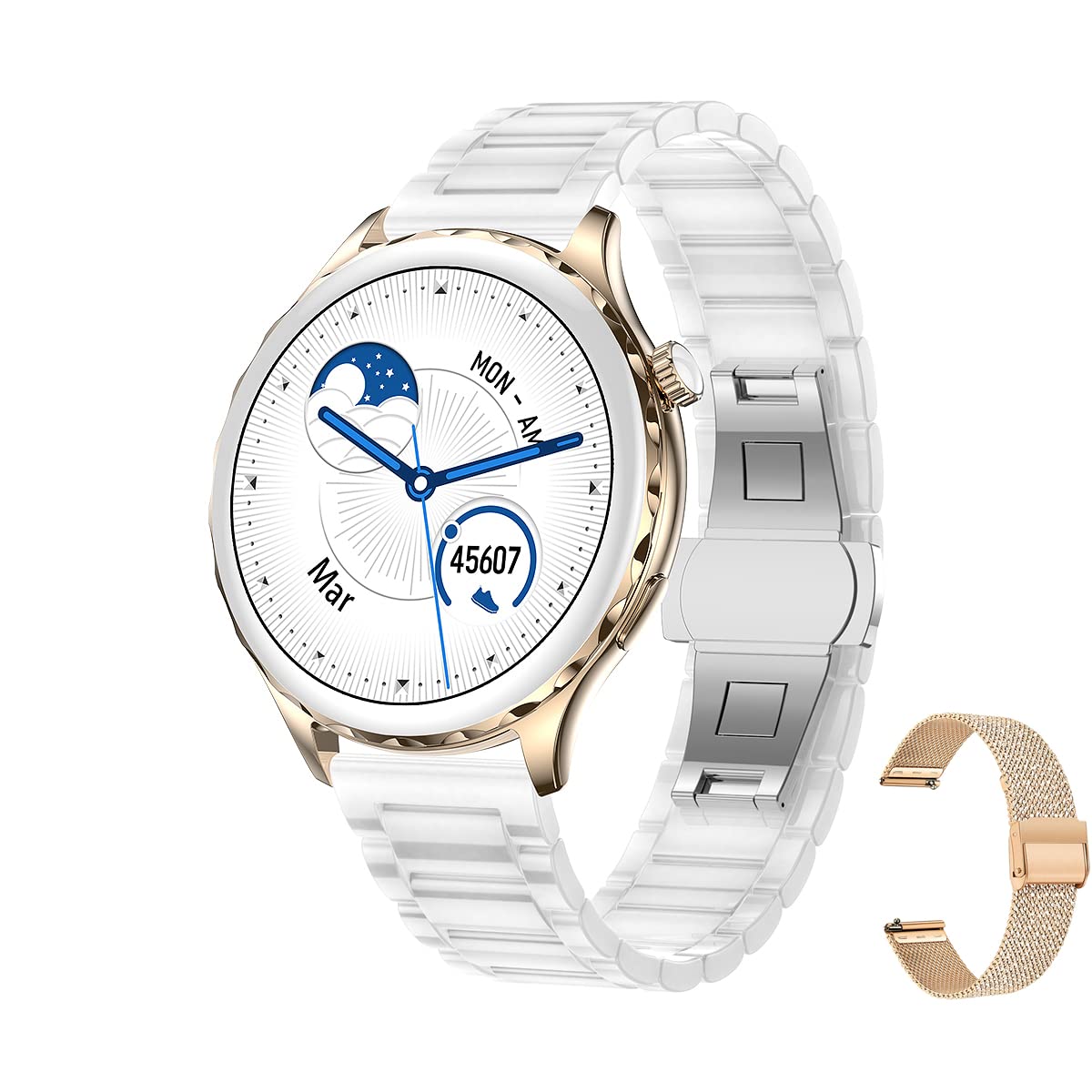 Aliwisdom Smart Watch for Women, 1.32" Round HD Screen Smartwatch waterproof Fitness Tracker Sport Watch Ceramic strap White for iPhone Android with Bluetooth Phone Call and Text Messaging (Rose Gold)