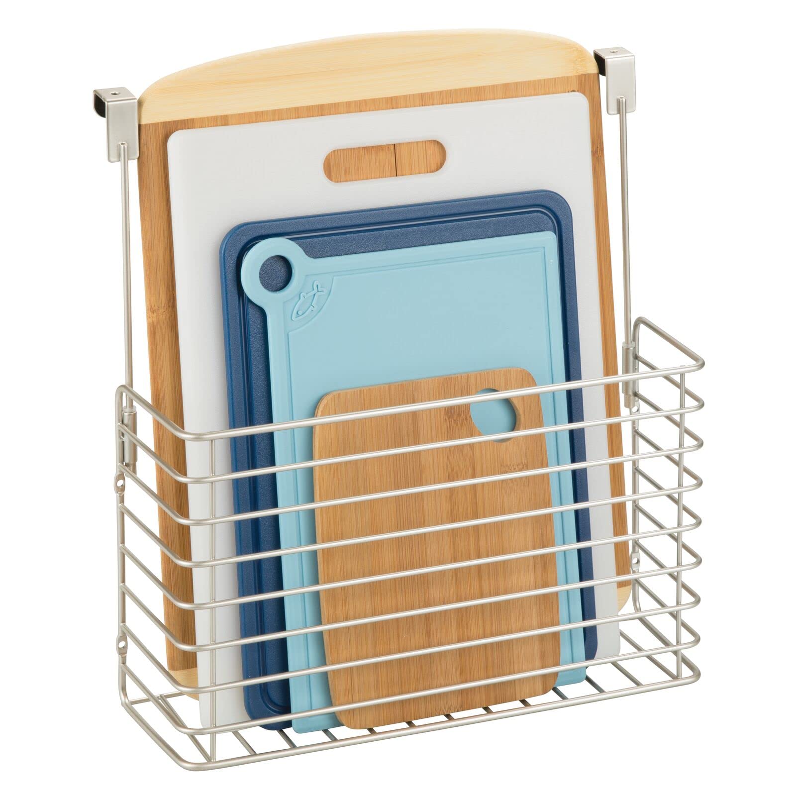 mDesign Metal Wire Kitchen Bakeware Organizer Basket - Hang Over Cabinet Door - Storage for Baking Sheets, Cupcake Tins, Cutting Boards, Foil, or Plastic Wrap - Concerto Collection - Matte Satin