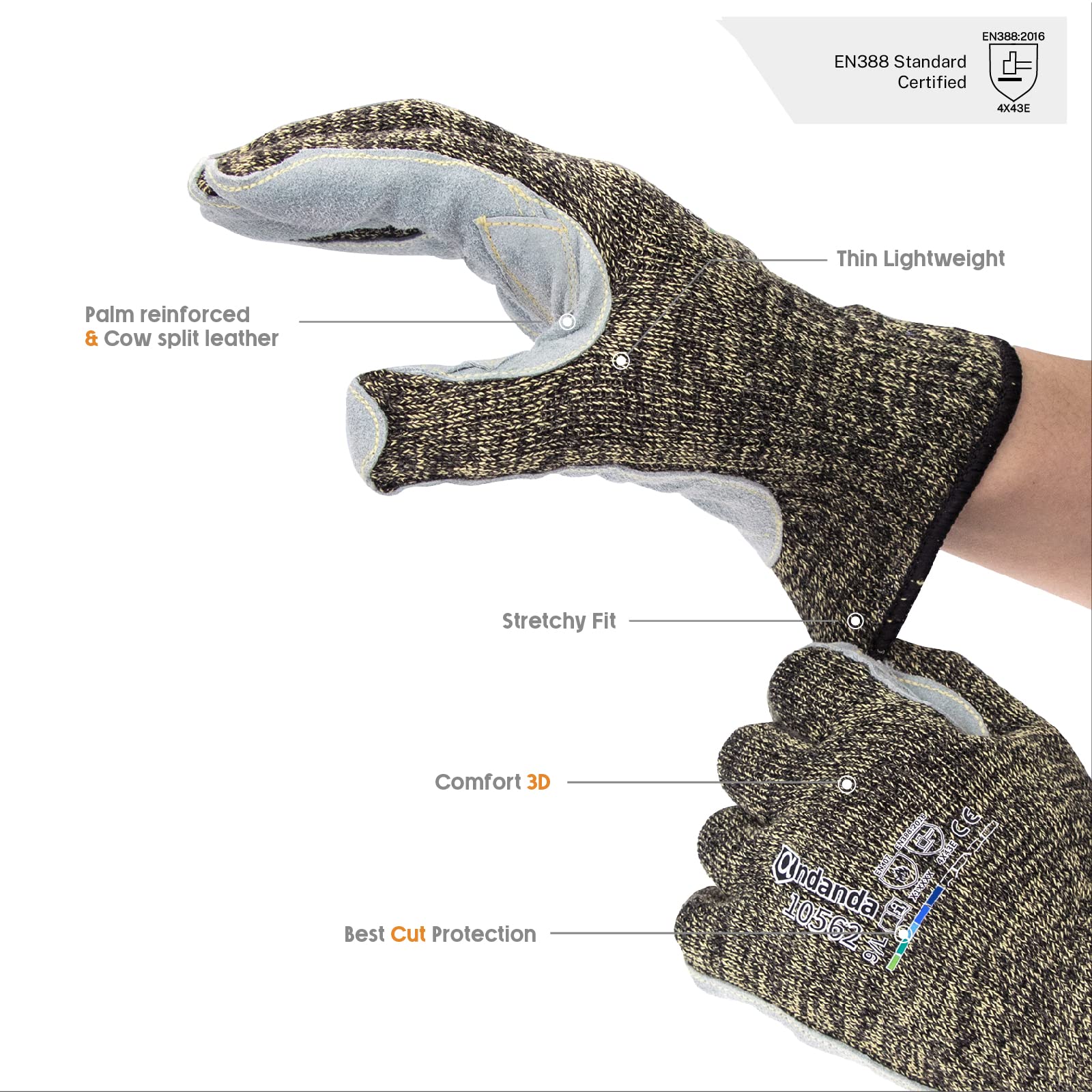 ANDANDA Level 5 Cut Resistant Gloves, Aramid Suture, Cow Split Leather Work Gloves Suitable for Men/Women Working in Gardening, Large/1 Pair