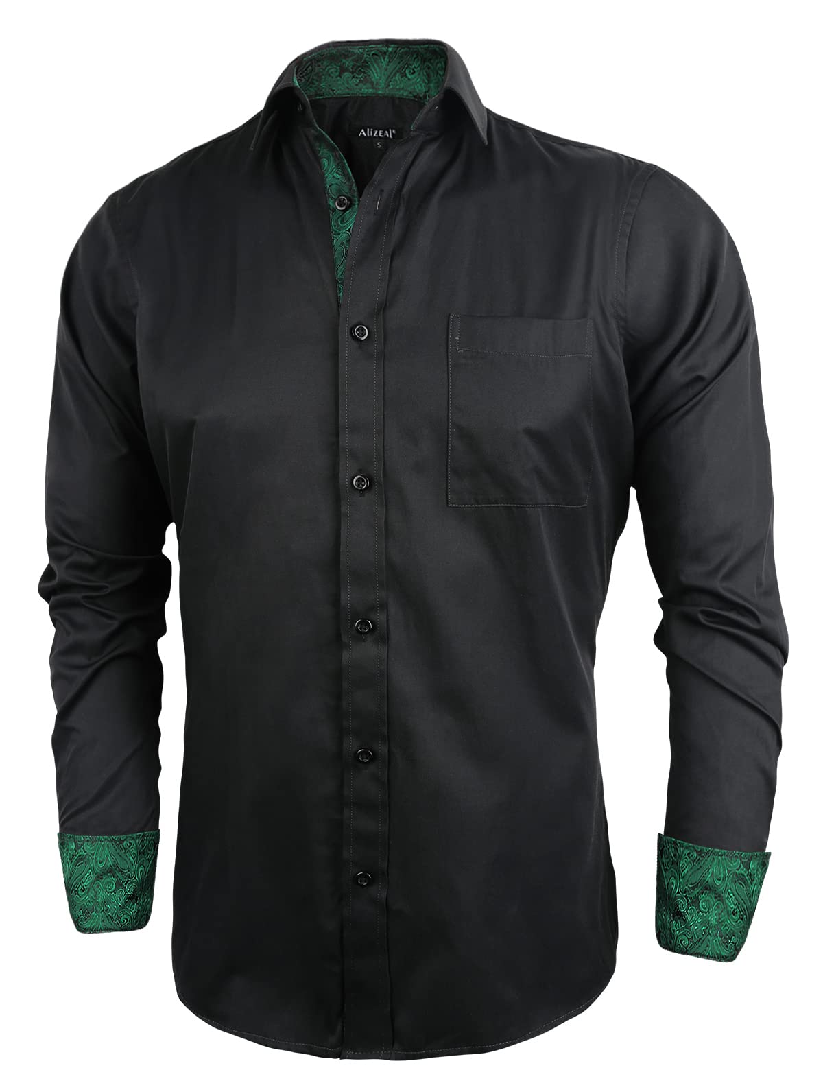 Alizeal Men's Business Slim Fit Dress Shirt Long Sleeve Patchwork Button-Down Shirt, Black and Dark Green-L