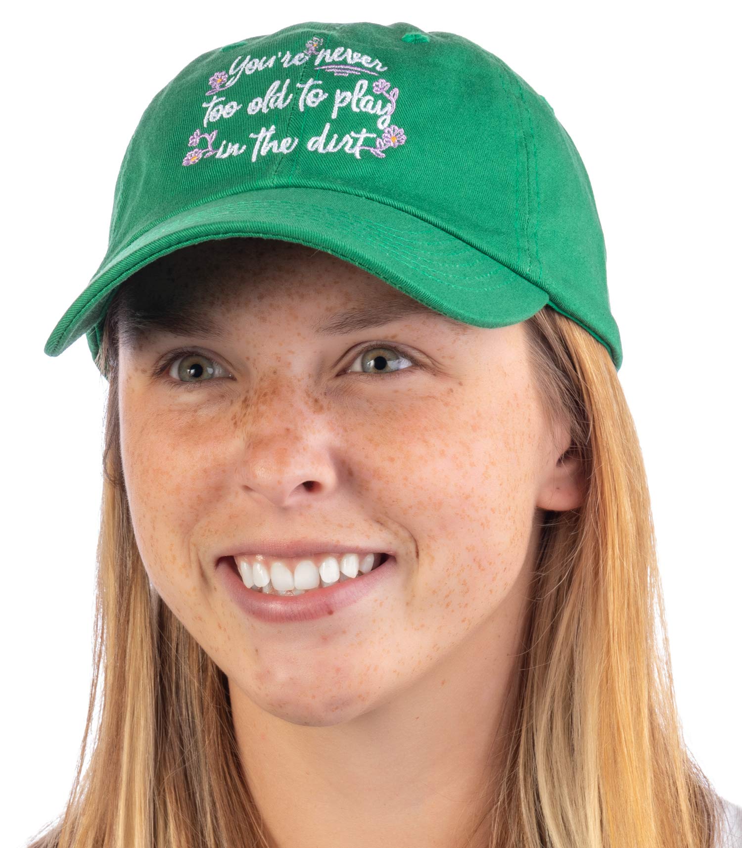 Ann Arbor T-shirt Co. Never Too Old to Play in Dirt | Funny Gardener Gardening Baseball Cap Dad Style Hat Men's or Women's- Green