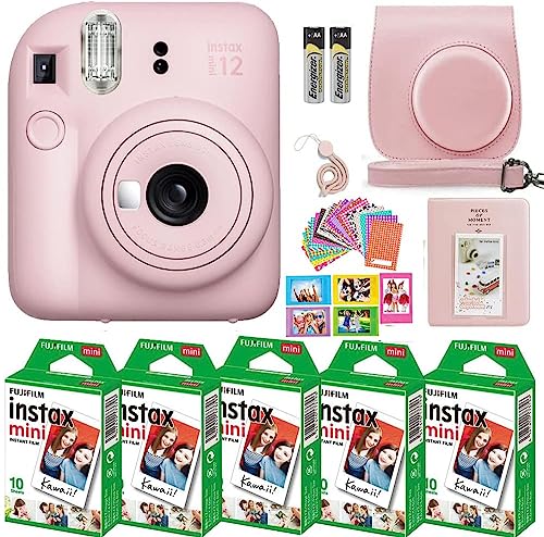 Fujifilm Instax Mini 12 Instant Camera with Fujifilm Instant Mini Film (50 Sheets) with Accessories Including Compatible Case with Strap, Lenss Photo Album, Stickers, Frames Bundle (Blossom Pink)