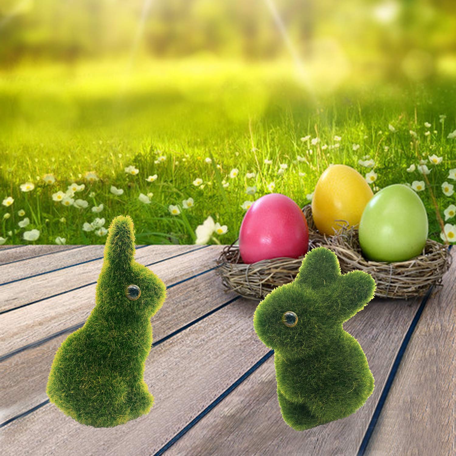 Alpurple 2 PCS Easter Moss Rabbit Statue -Artificial Turf Grass Bunny, Flocked Animal Figurines Ornament for Home,Office Desk,Easter Party Garden Yard Decoration
