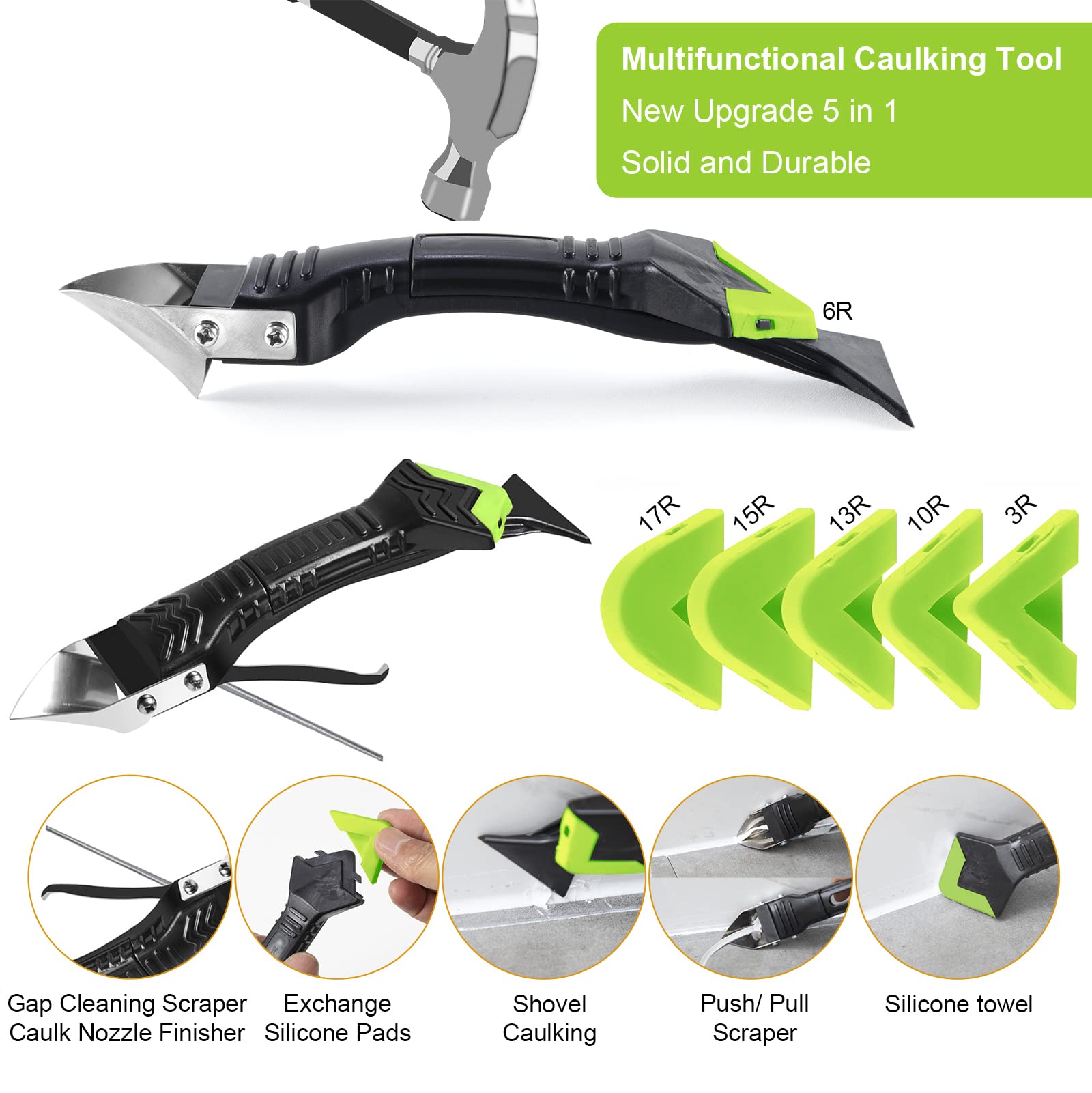 Caulking Tool 5 in 1 Silicone Caulking Grout Removal Tool Sealant Finishing Tool with Grout Scraper, 6 Exchange Silicone Pads, Adhesive Residue Scraper Seam Repair Tool Kit for Kitchen Bathroom