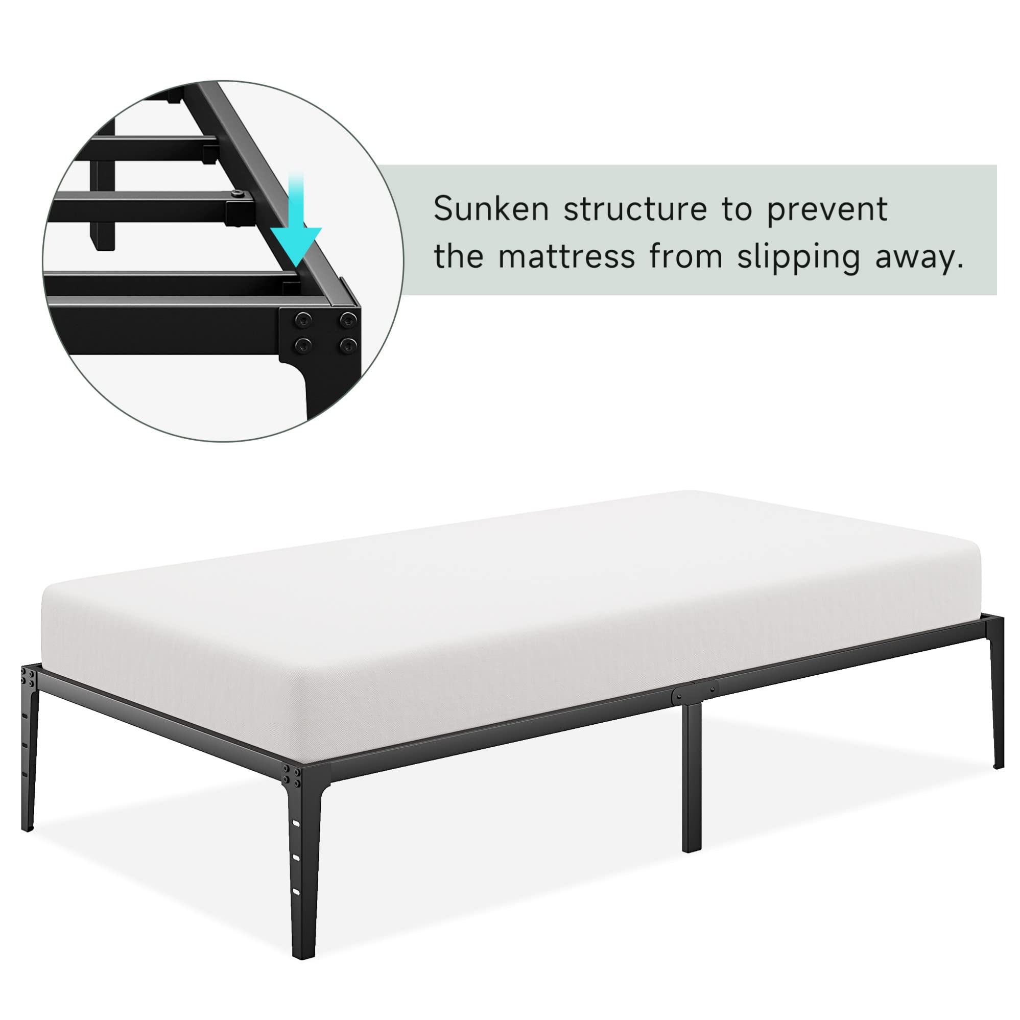 Alkmaar 14 Inch Twin Size Black Bed Frame, Metal Platform Mattress Foundation, Metal Slat Support, No Box Spring Needed, Noise Free (Twin)