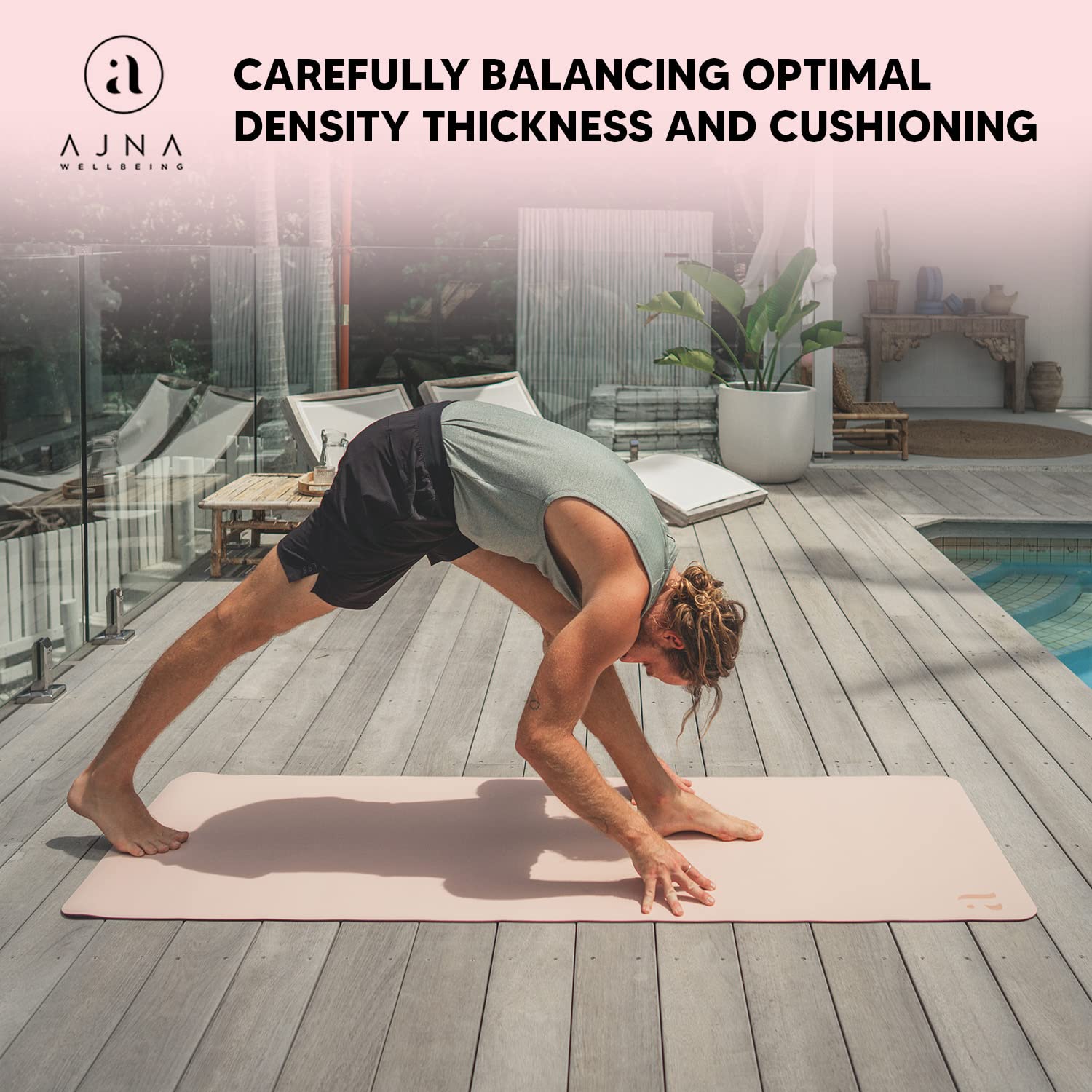 Ajna Natural Rubber Yoga Mat - Decrease Impact & Strain On Joints, Non-slip Stable Extra Long & Thick 6 feet, Pilates, Exercise, Fitness Accessory, High Density & Superior Dry Grip - Nude