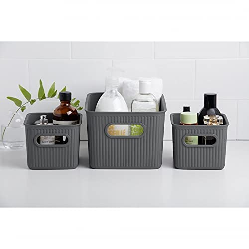 Superio Small Ribbed Plastic Storage Basket Organizer, 1.5 Mini White and Grey Classic Closet Storage bin for Shelf, Pantry, Office, and Cosmetics