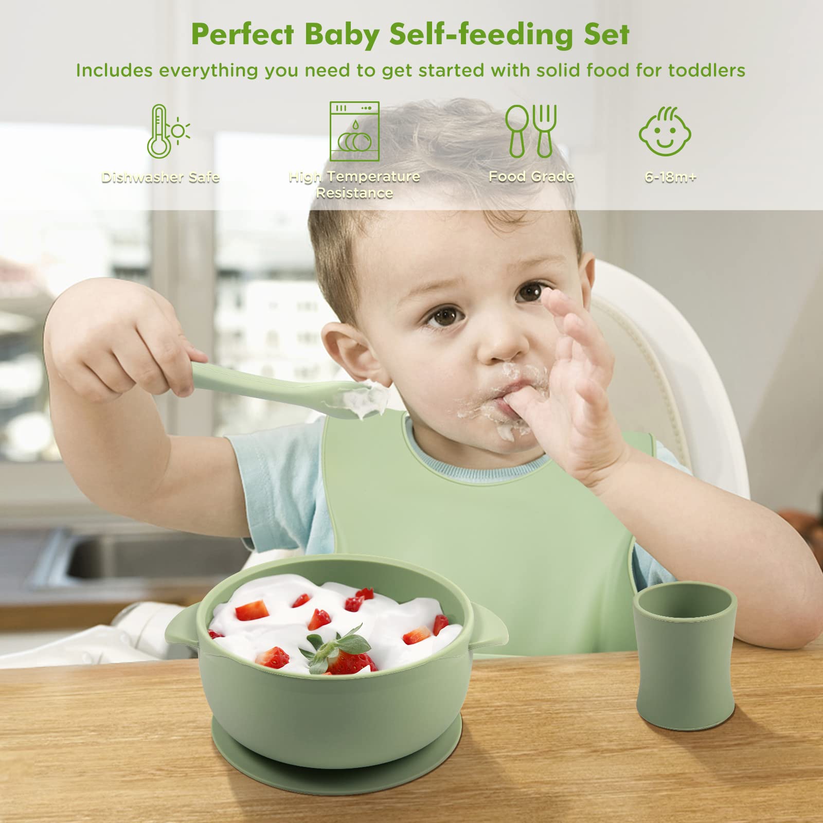 Baby Plates Bowls with Lids - Silicone Mini Mat - Suction Placemat Bowl with 2 Spoons for Self Feeding, 100% Food Grade Silicone, Dishwasher and Microwave Safe