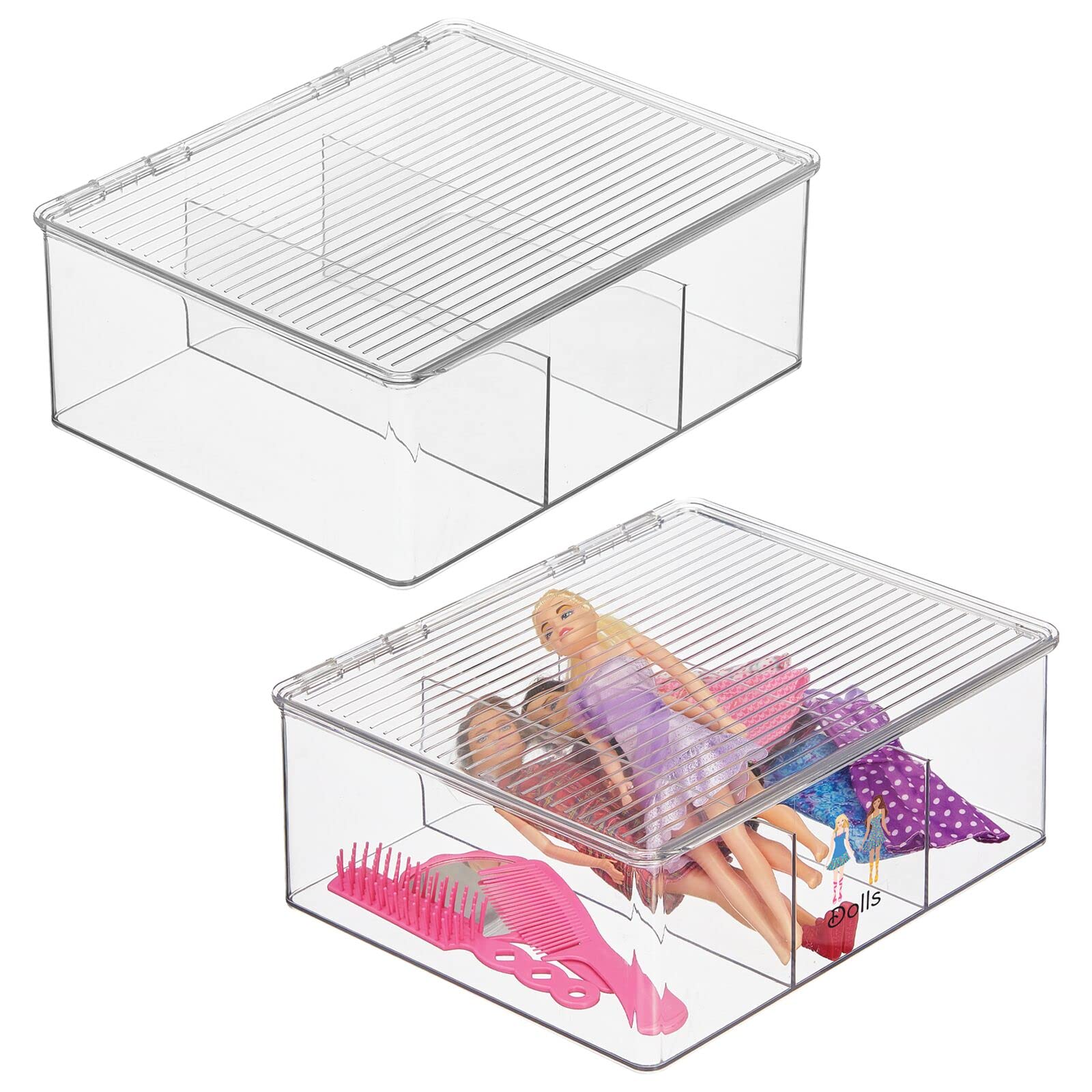 mDesign Plastic Stackable Toy Storage Bin w/Hinged Lid, 3 Divided Compartments; for Organizing Playroom, Kids' Room; Container for Small Toys, Craft and School Supplies + 24 Labels - 2 Pack - Clear
