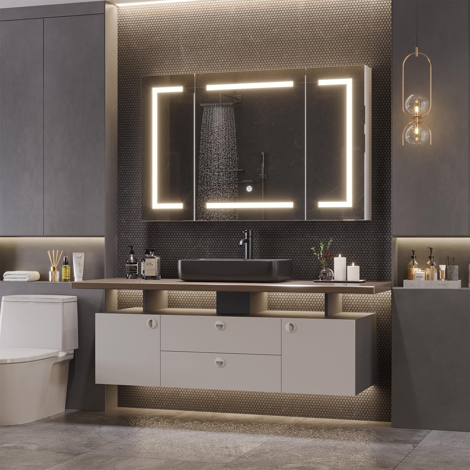 DICTAC Medicine Cabinets with Mirrors and Led Lights 39.4''x23.6'' Wall Bathroom Mirror with Storage and Charging Station Wall Mounted 3 Doors Mirror Medicine Cabinet Organizer with Storage,White