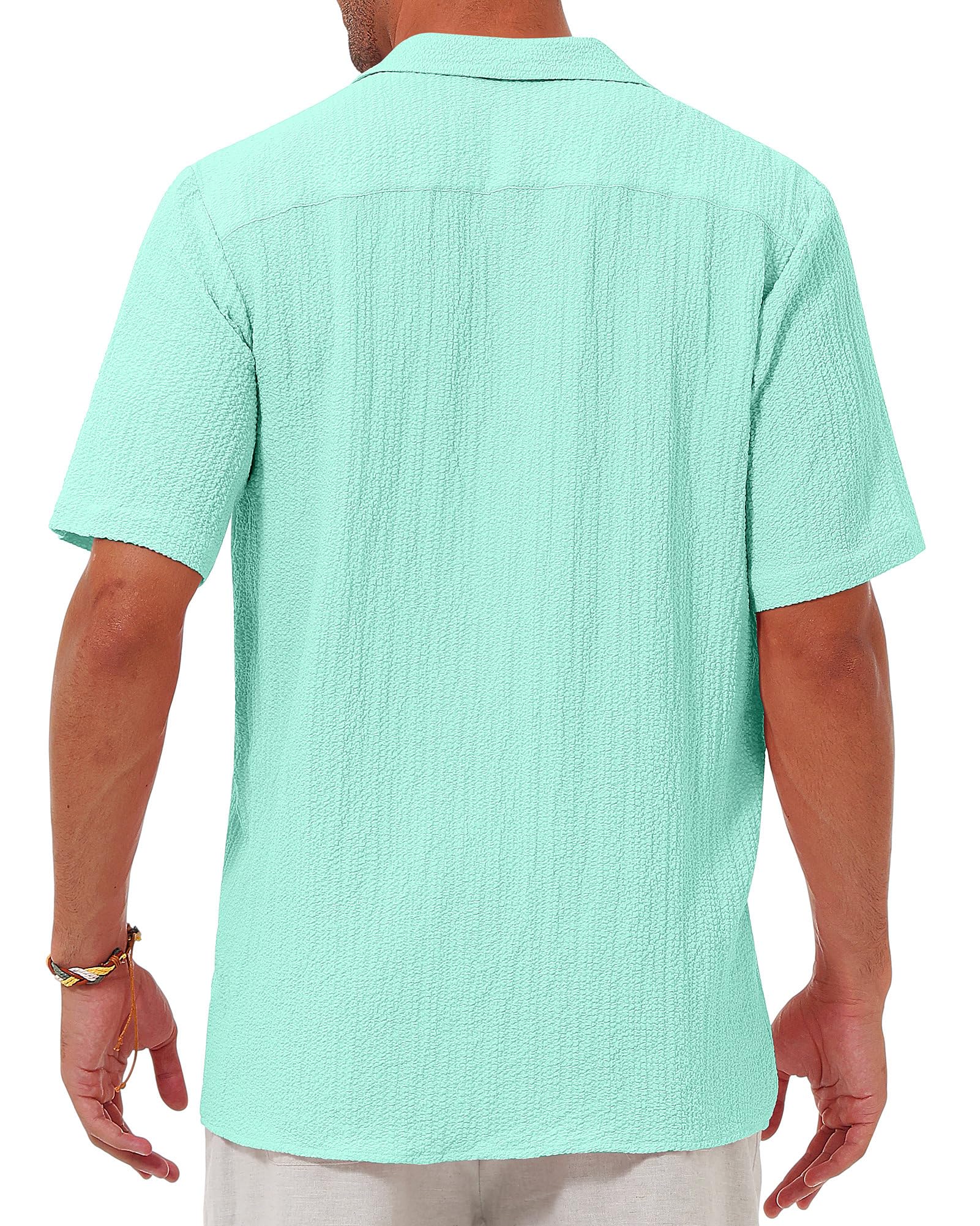 Alimens & Gentle Men's Seersucker Hawaiian Shirts Casual Short Sleeve Button Down Shirt for Men Summer Beach Shirt(Mint Green, Large)