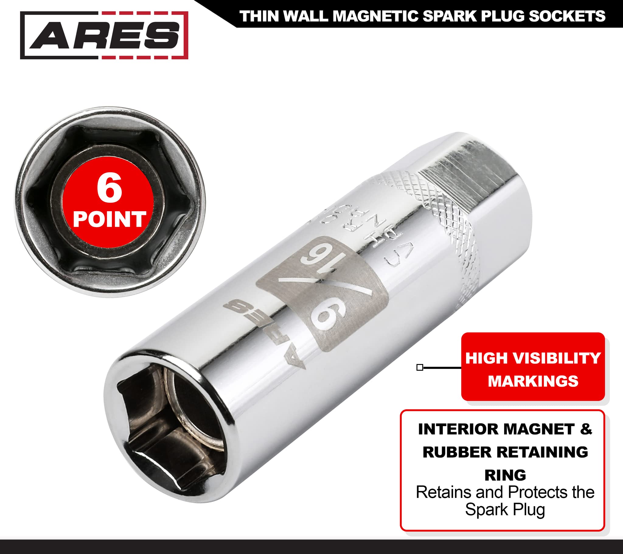 ARES 11016-5-Piece Magnetic Spark Plug Socket Set - Includes 14mm and 16mm Thin Wall Sockets and 9/16-inch, 5/8-inch, and 13/16-inch Sockets - Convenient Reusable Storage Rail Included