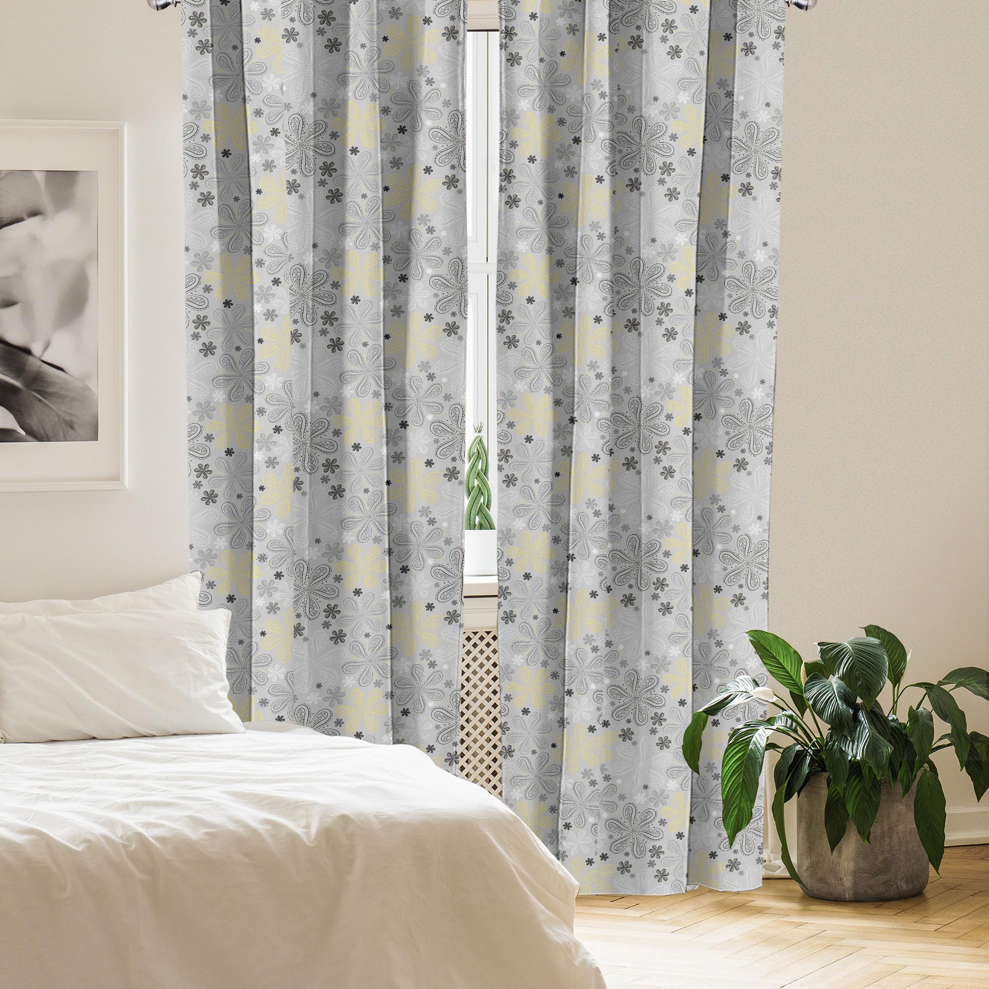 Ambesonne Grey and Yellow Window Curtains, Bohem Style Paisley Print Flowers Dots Art Image, Lightweight Decor 2-Panel Set with Rod Pocket, Pair of - 28" x 63", Grey White