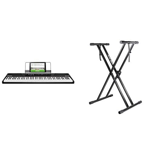 Alesis Recital | 88 Key Beginner Digital Piano/Keyboard with Full Size Keys & RockJam Xfinity Heavy-Duty, Double-X, Pre-Assembled, Infinitely Adjustable Piano Keyboard Stand with Locking Straps