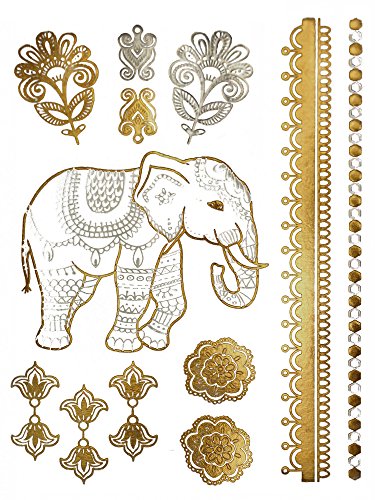 Terra Tattoos Gold Metallic Temporary Tats Geometric Henna Designs Waterproof Nontoxic Long Lasting Perfect for Beach, Festivals, & more! (Maya)
