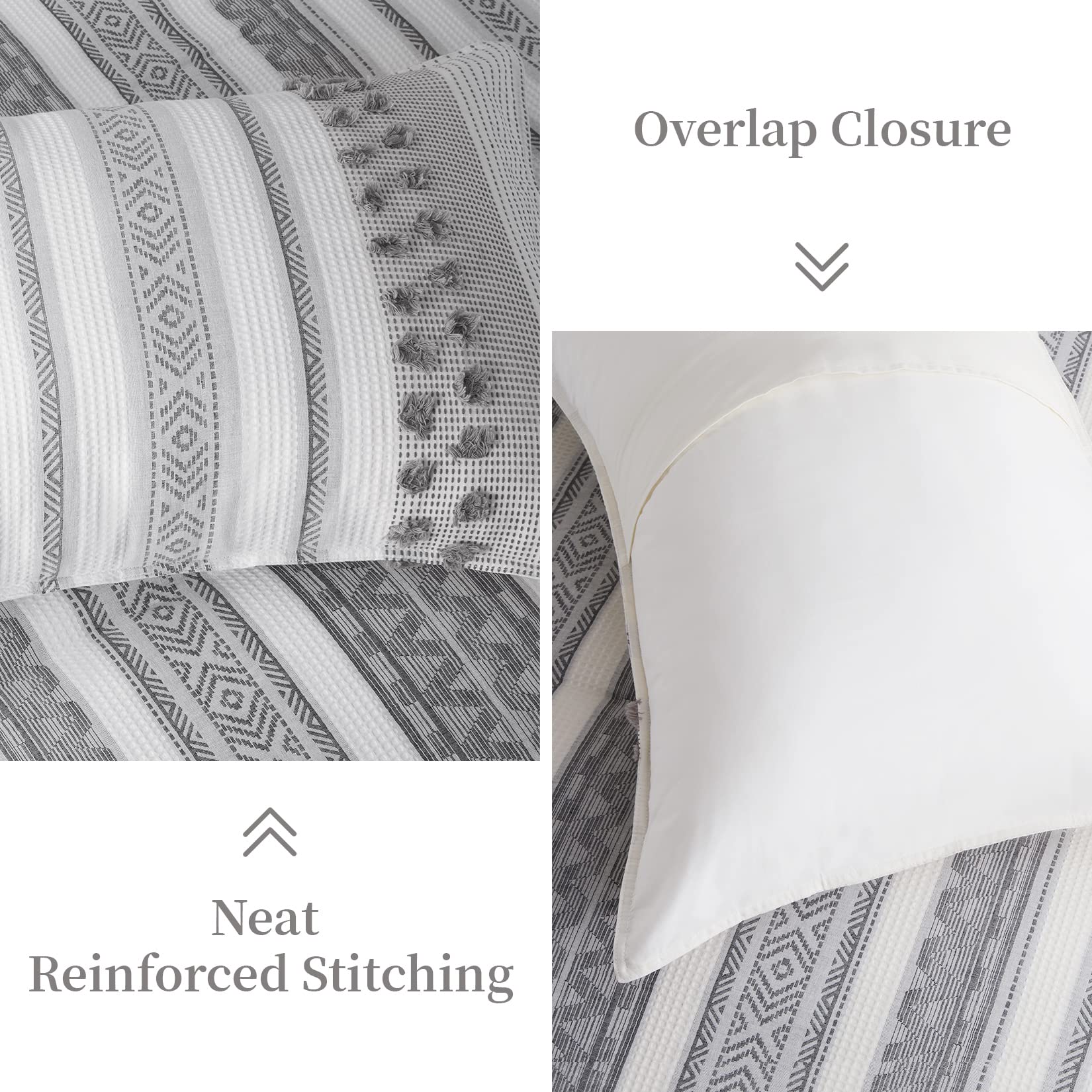 Cotton Jacquard Duvet Cover Set King Size, 3 Pieces Boho Yarn-Dyed Geometric Textured Farmhouse Duvet Cover Set with Waffle and Tufted Dots, 104x92 Inch