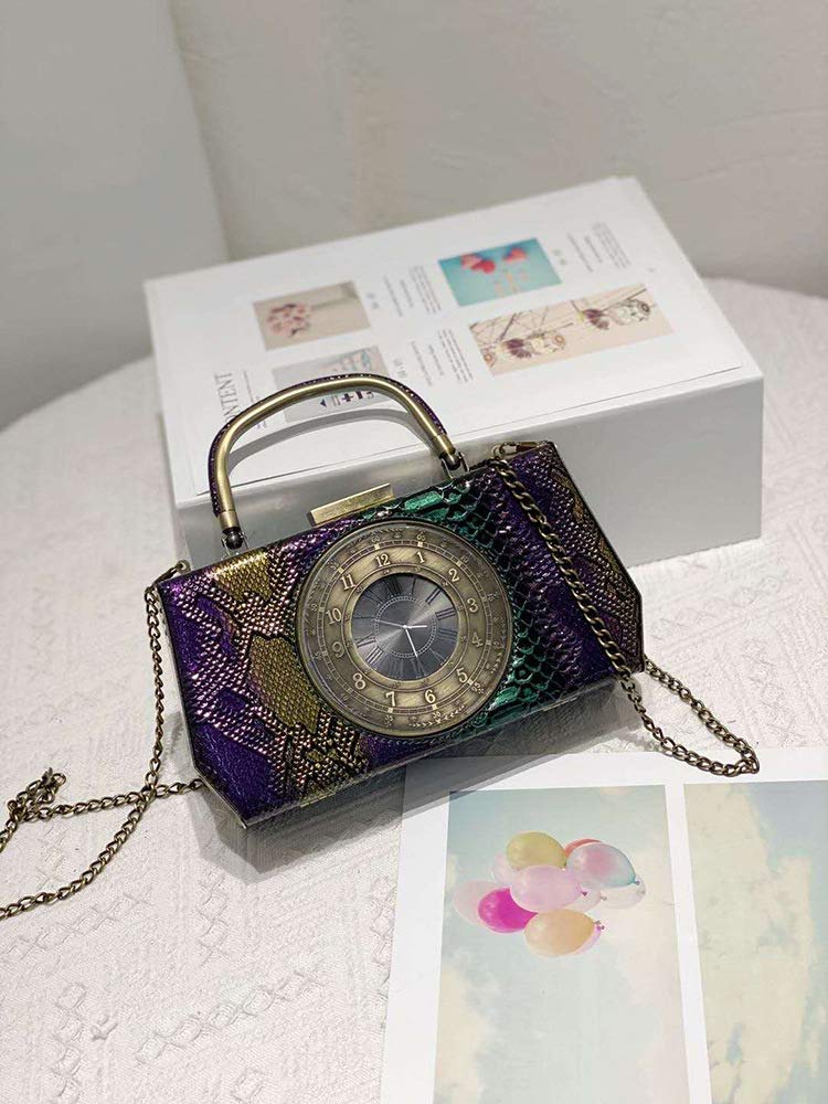 Creative Alarm Clock Package Handbag Women Real Clock Purse Crocodile Pattern Retro Watch Fashion Women's Shoulder Bag Handbags Dropship Steampunk Bags (Color)