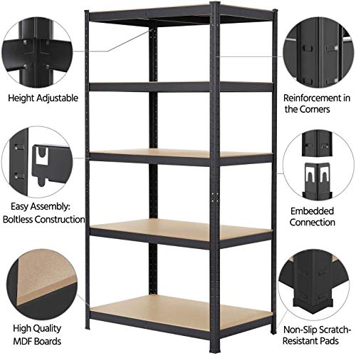 YINF 5-Tier Metal Shelving Unit Adjustable Garage Storage Utility Rack Heavy Duty Shelves Organization Multipurpose Shelf Warehouse Basement Kitchen Living Room 27.5" L x 11.8" W x 59" H, 1 Pack