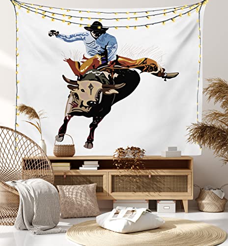 Ambesonne Rodeo Tapestry Twin Size, Yea Haw Cowboy Bucking Bull Western Sports American Graphic, Wall Hanging Bedspread Bed Cover Wall Decor, Twin Size, Rust Beige