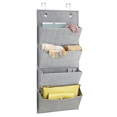 mDesign Soft Fabric Over The Door Hanging Storage Organizer with 4 Large Pockets for Closets in Bedrooms, Hallway, Entryway, Mudroom - Hooks Included - Textured Print, 2 Pack - Gray