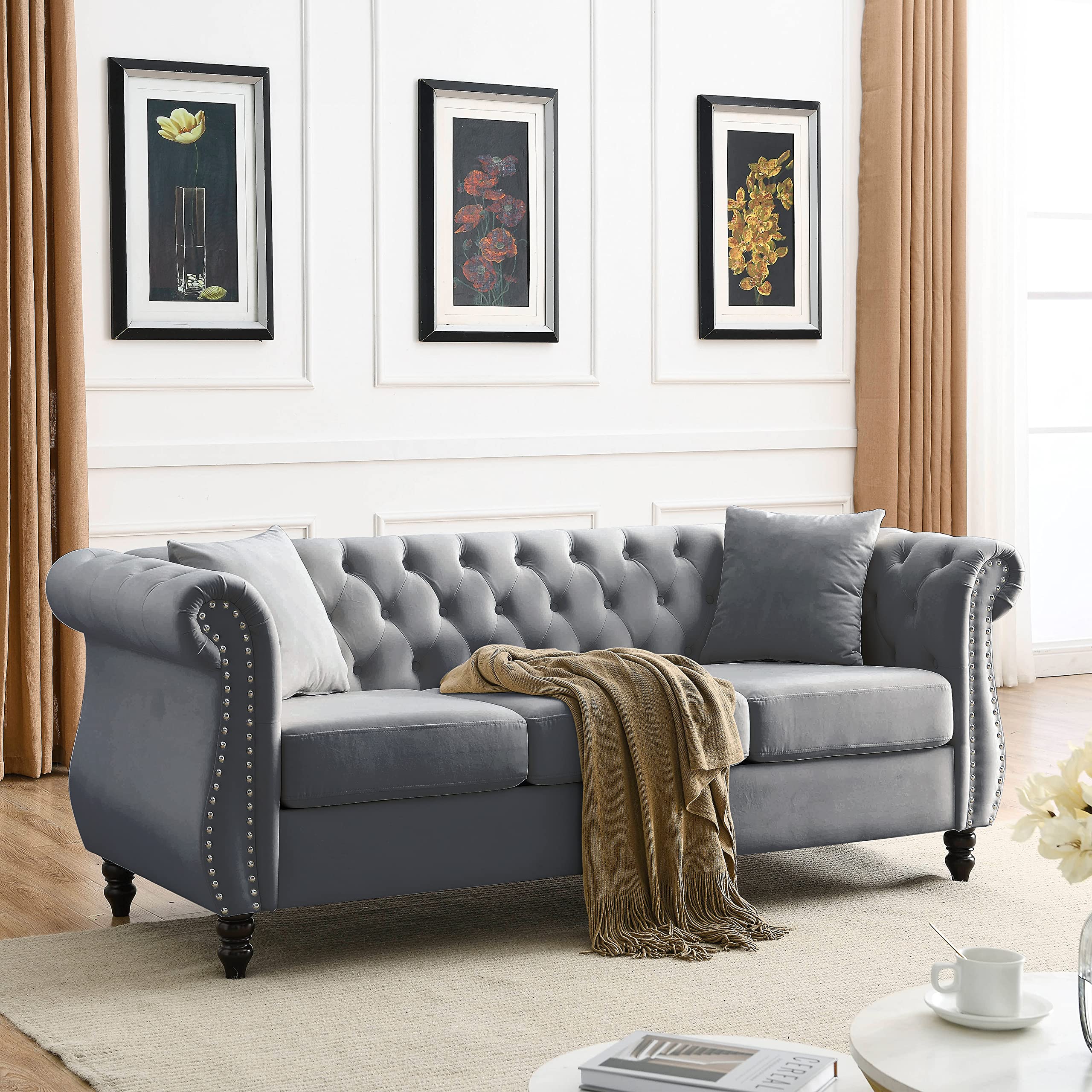 Bellemave 80" Chesterfield Sofa Couch Velvet 3-Seater Sofa with Two Pillows, Nailhead & Rolled Arms Upholstered Sofa with Curved Backrest Solid Wood Legs for Living Room, Bedroom, Office (Grey)