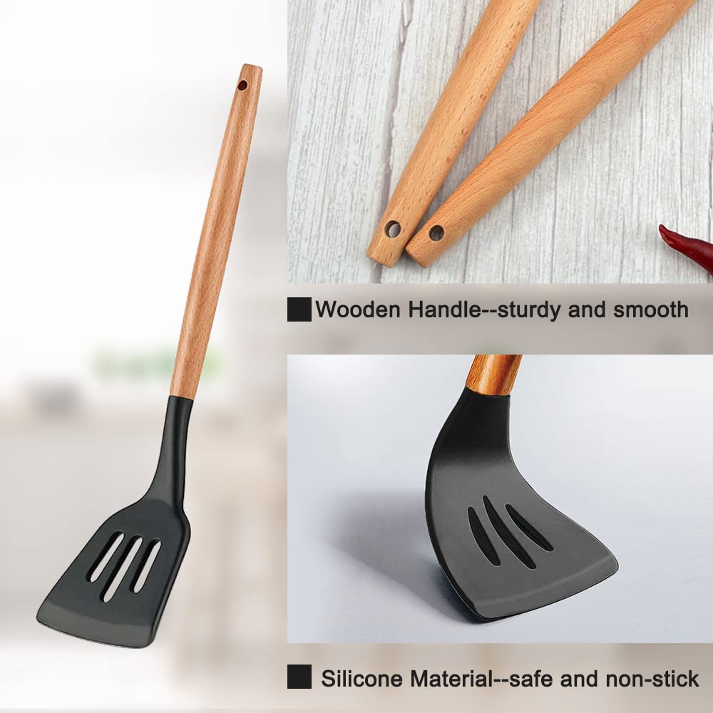 ADOSON Kitchen Utensil Set, 21 Cooking Utensils Set, Silicone and Wooden Handle Kitchen Utensils with Holder, Non-Stick and Heat Resistant, Kitchen Cooking Utensils Spatula Set, Baking, Frying(Black)