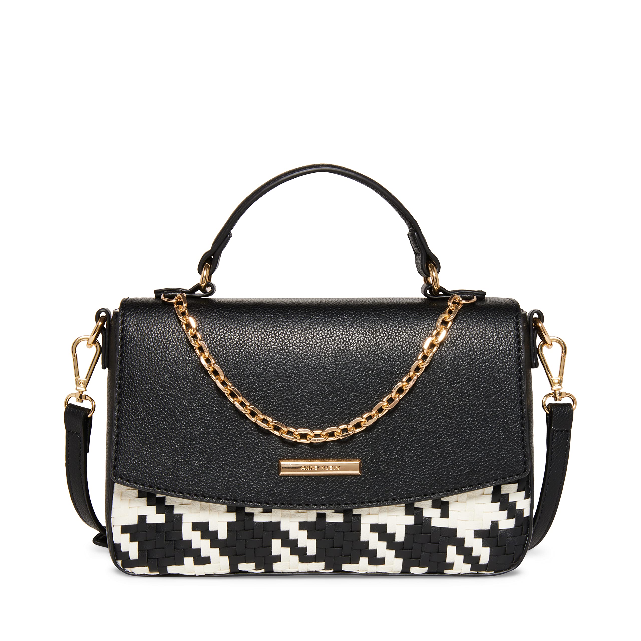 Anne Klein Woven Houndstooth top Handle Satchel w/Swag Chain, Black-White Weave/Black