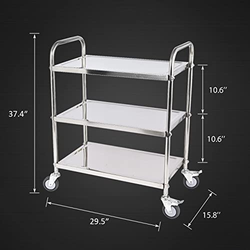 Amarite 3 Shelf Stainless Steel cart,420 lbs,1MM Thick,Serving cart with Wheels, Household, Service Trolley,360°Rotation Storage Shelf with Locking Wheels(29.5*15.8*37.4)'' Stainless Utility cart.