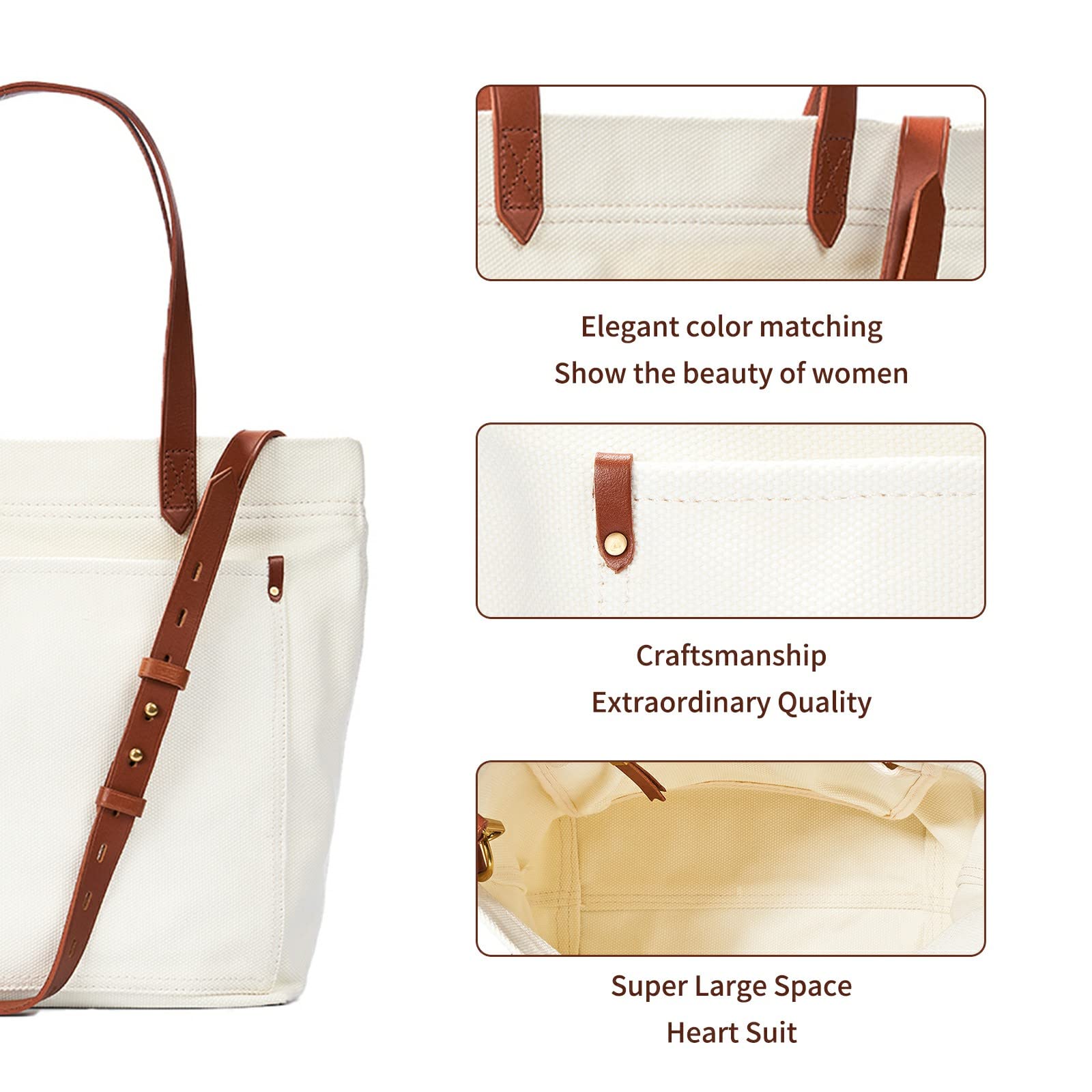 Women Canvas Tote Handbags Casual Shoulder Shopper Work Bag Crossbody (White), Beige